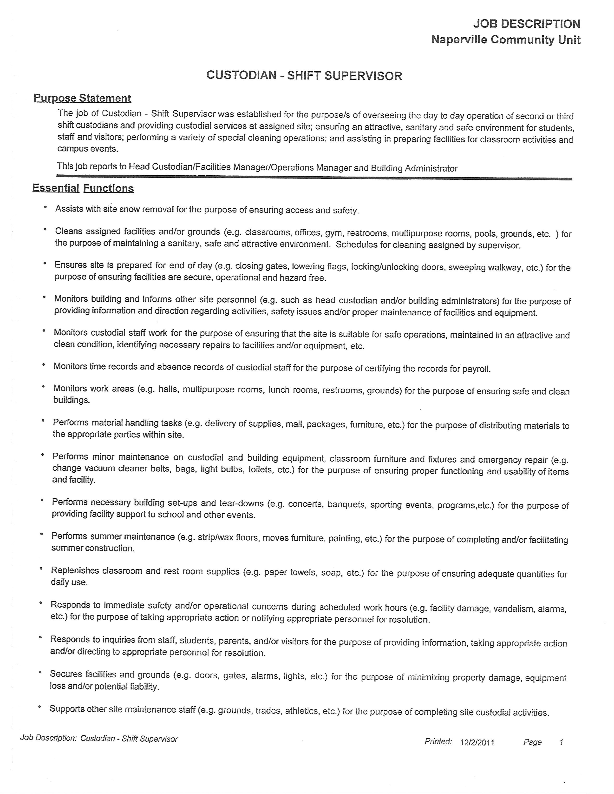 Job Description: Custodian- Shift Supervisor – N U M A