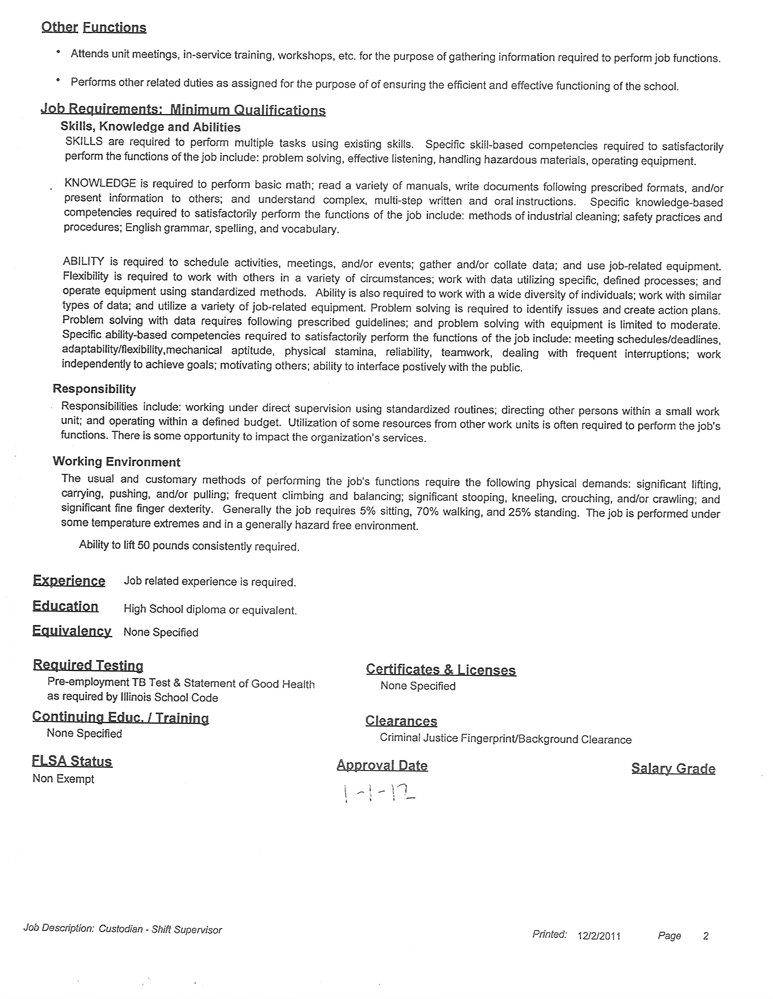 Job Description: Custodian- Shift Supervisor – N U M A